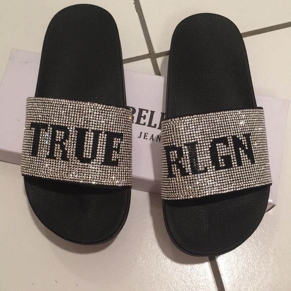 True Religion | Shoes | True Religion Black Rhinestone Slides | Poshmark